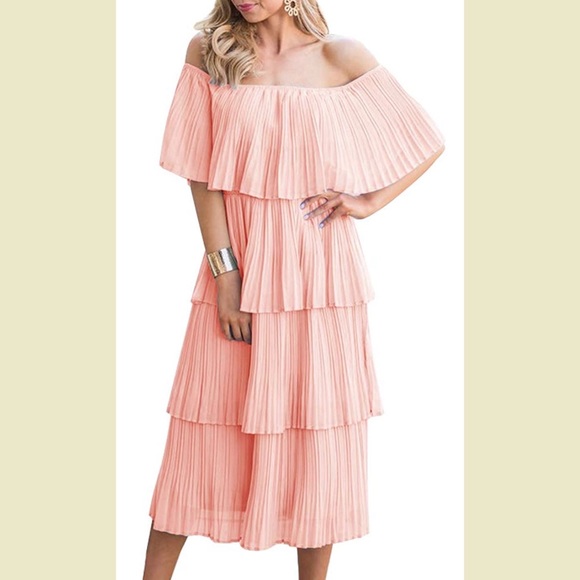 Amazon | Dresses | Amazon Pastel Pink Ruffle Dress Off The Shoulders ...